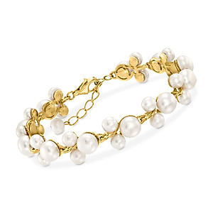 Ross-Simons 5-7.5mm Cultured Pearl Trio Bracelet in 18kt Gold Over Sterling Silver. 7 inches