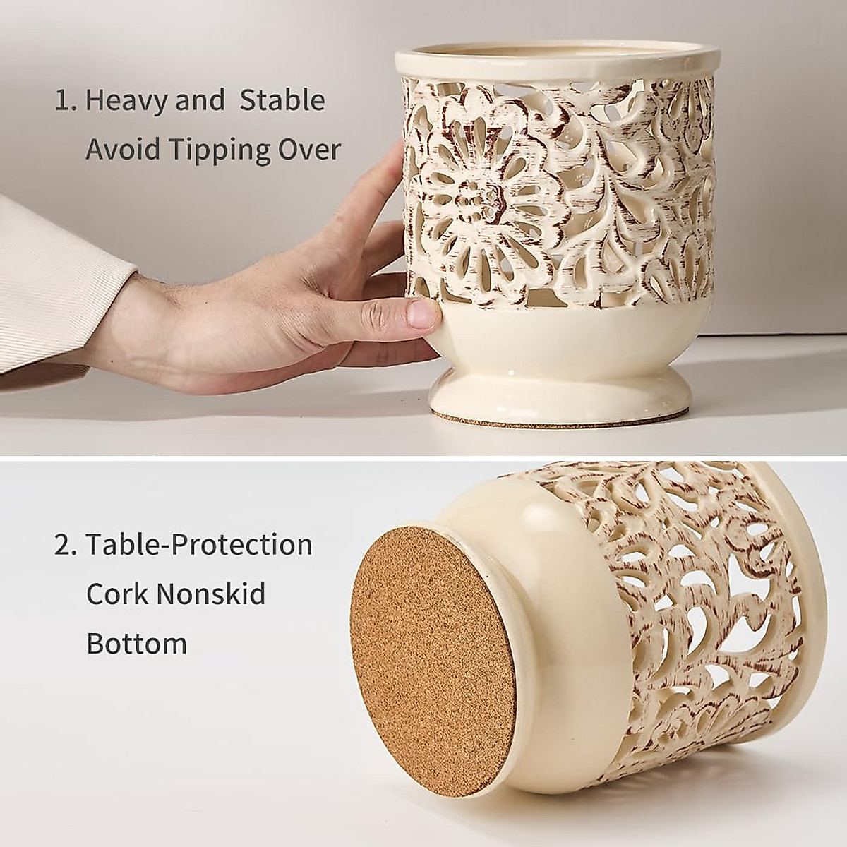 JH JIEMEI HOME Farmhouse Kitchen Utensil Holder for Countertop, Ceramic Large Cooking Utensil Crock with Cork Mat, Decorative Rustic Utensil Holder for Kitchen Counter, Hollow Carving Flower, Beige