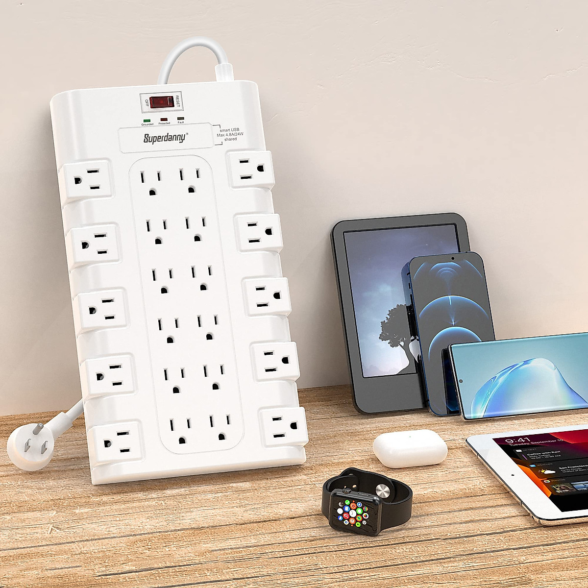 SUPERDANNY Power Strip Surge Protector, 22 AC Multiple Outlets, 1875W/15A, 2100 Joules, 6.5Ft Flat Plug Heavy Duty Extension Cord for Home, Office, Dorm, Gaming Room, White