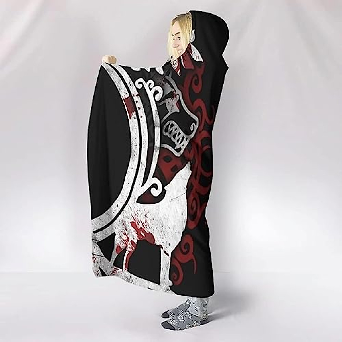 Viking 3D Printed Hooded Blanket Keep Warm And Soft Fenrir Wolf Viking Dragon Unisex Winter Wearable Hooded Blanket Double Thick Plush Wool Blanket Cape (Color : Blanket, Size : 50x60in/130x150cm)