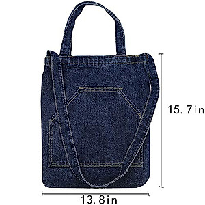 Van Caro Women Denim Shoulder Tote Crossbody Bag Casual Every-day Handbag Large Pocket, Dark Blue