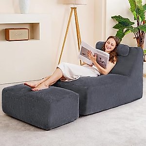 Homguava Bean Bag Chair Large Indoor Beanbag Sofa Lazy Beanbag with Neck Roll&Ottoman Cozy Floor Sofa with Washable Cover&Side Pocket for Bedroom (Grey)