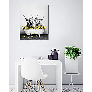 ECOTOB Highland Cow Wall Art Western Animal with Farmhouse Yellow Floral Sunflower Canvas Wall Art Abstract Painting Grey Bull Pictures for Bathroom Bedroom Living Room Framed Ready to Hang, 12x16