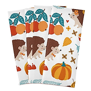 SLHKPNS Autumn Cute Hedgehogs Pumpkin Kitchen Dish Towel Set of 4,Autumn Floral Plants Thanksgiving 18x28in Absorbent Dishcloth Reusable Cleaning Cloths for Household Use