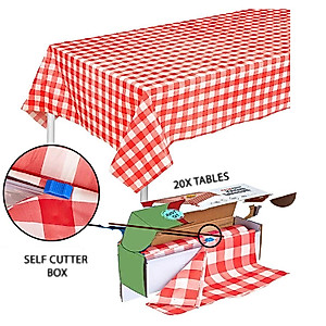 Red Gingham Checkered Table Cloth - Self Cutter Picnic Durable Table Cover Plastic, Tablecloth Rectangle Roll 54 Inch X 100 Feet | Water Resistant Thin Disposable Outdoor Tablecloth