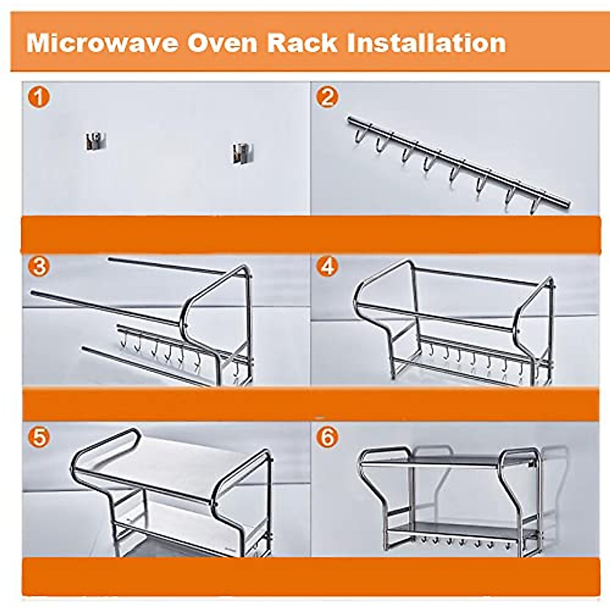 INTBUYING 2 Layer Microwave Oven Wall Mount Shelf Stainless Steel Kitchen Storage Organization with Removable Hooks