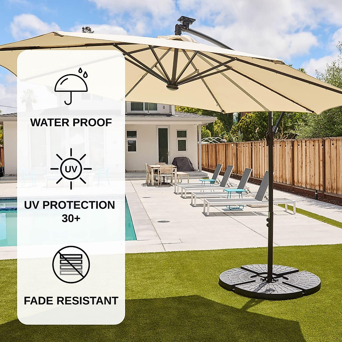 East Oak Offset Patio Umbrella, 10ft Hanging Cantilever Outdoor Umbrellas with 40 Solar Lights,8 Ribs,Waterproof UV 30+ Protection and Fade Resistant Outdoor Umbrella, Beige