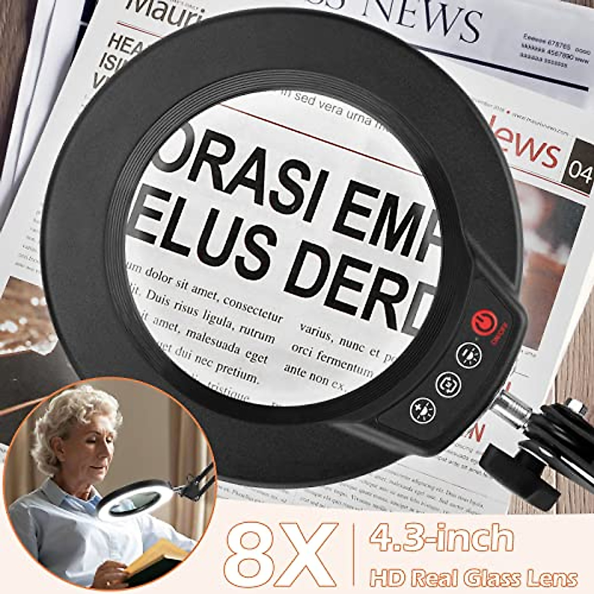 8X Magnifying Glass with Light and Stand, Krstlv 4-in-1 LED 5 Color Modes Stepless Dimmable Magnifying Floor Lamp, Adjustable Swing Arm Lighted Magnifier Lamp with Clamp for Close work, Craft, Reading