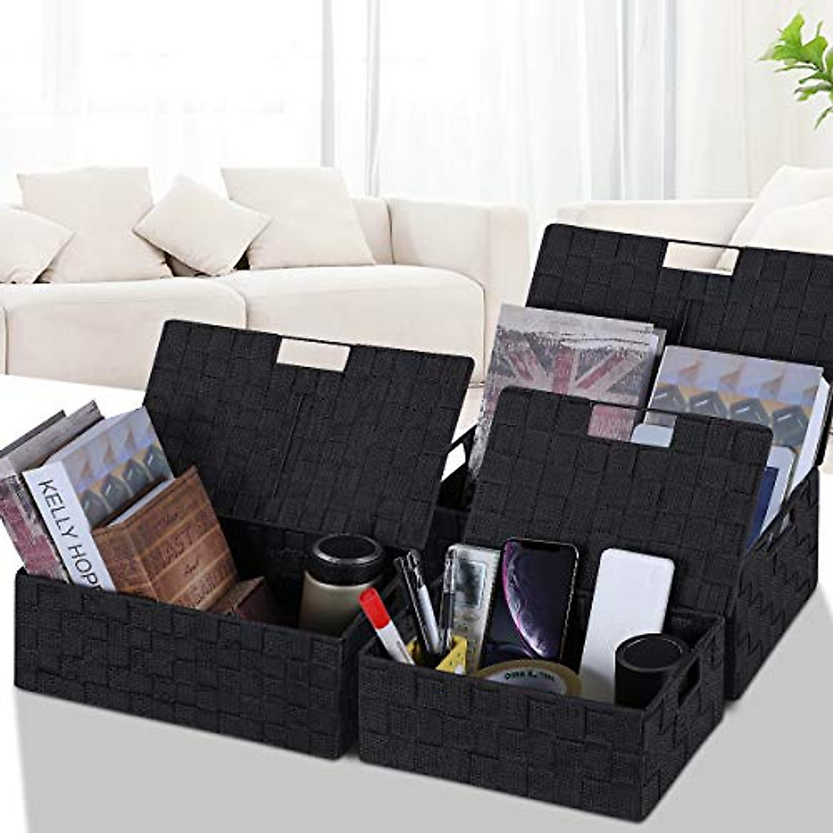 LEAVINSKY Nylon Woven Box, Woven Storage Baskets Box Bin Container, Nylon Storage Basket Box with Lid, Stackable Storage Basket Woven Strap Organizer Built-in Carry Handles (Black)