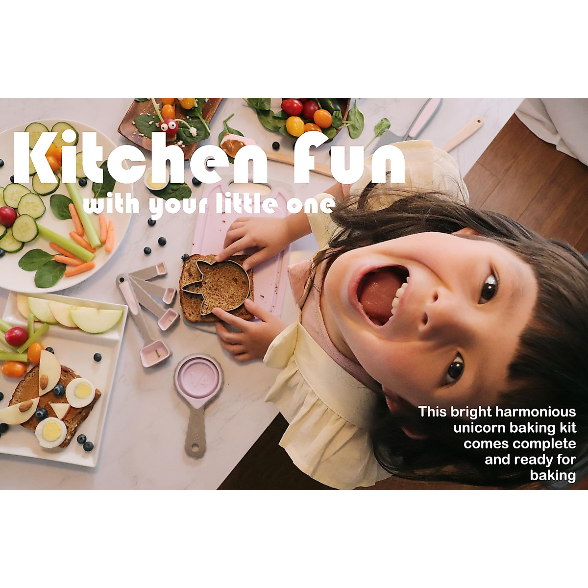 Baker Buddy Unicorn Kids Baking Set with storage case, real working utensils, cookie cutters, and baking supplies, beautiful unicorn apron for kids