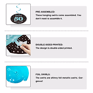 Happy 50th Birthday Party Hanging Swirls Streams Ceiling Decorations, Celebration 50th Foil Hanging Swirls with Cutouts for 50 Years Teal Silver Black Blue Birthday Party Decorations Supplies
