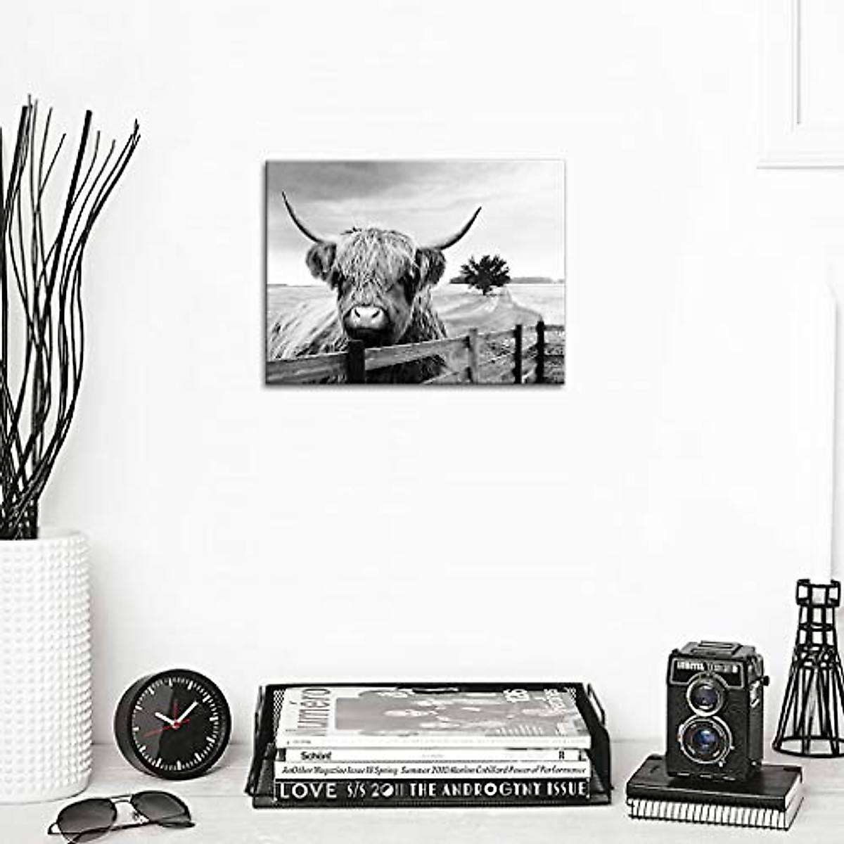 Highland Cow Canvas Black and White Landscape Pasture Hairy Cow Animal Wall Art Pictures Canvas Wall Art Farmhouse Prints Photo Contemporary Cow Decor Paintings Home Decoration Artwork 12"x16"