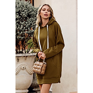 PRETTYGARDEN Women's Casual Pullover Sweatshirt Long Sleeve Split Hem Hoodie Dress with Kangaroo Pocket (Dark Khaki,X-Large)