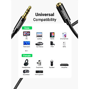 UGREEN Headphone Extension Cable Nylon Braided Male to Female 3.5mm Extension Cable Lossless Multi Shielded Aux Jack Extender Gold Plated Cord Compatible with iPhone iPad Tablets Media Players, 6FT