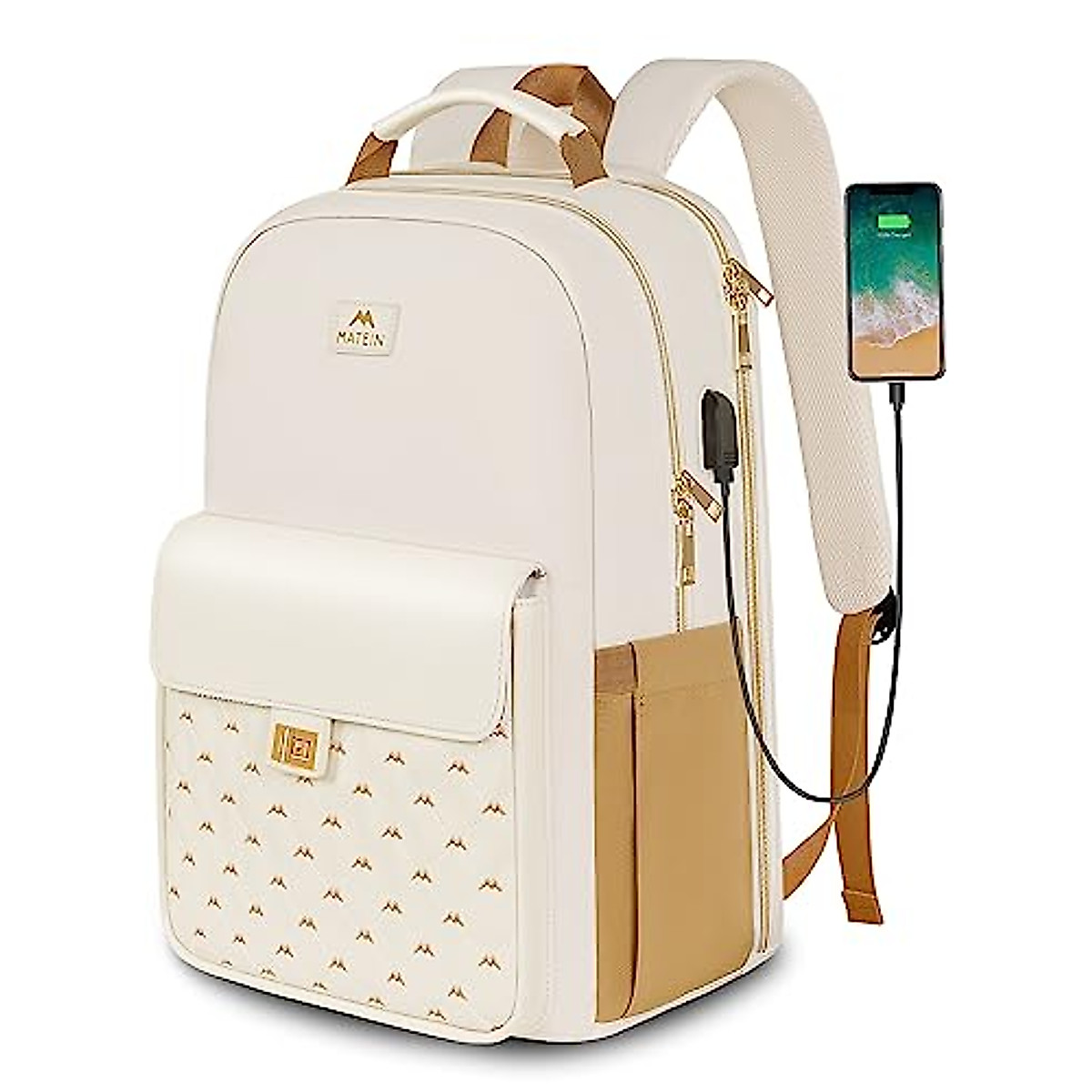 MATEIN Computer Backpack for Women, Large Anti Theft TSA 17 Inch Laptop Backpack with USB Charging Port, Durable Water Resistant Cute College Backpack Casual Daypack Purse for Work Travel, Beige