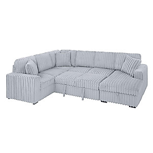 DEINPPA 122 Inch Sleeper Sofa Couch with Pullout Bed, Chunky Furry Corduroy Sectional Sofa with Storage Chaise and Charging Ports, Large Sectional Couches for Living Room-Grey