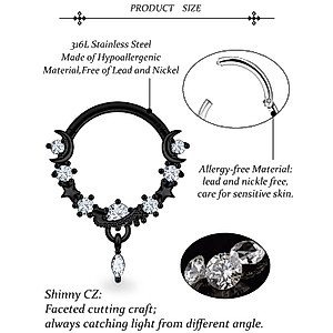 Vsnnsns 16G Septum Rings Piercing Jewelry Septum Jewelry CZ Clicker Ring Stainless Steel Septum Hinged Segment Nose Rings Hoop Piercing Jewelry for Men Women 10mm 5pcs Black