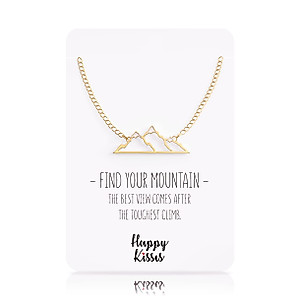 Happy Kisses Mountain Necklace for Women with Snow Top – Pendant Gift for Skiers, Hikers, Campers, Climbers and Nature Lovers – Silver, Rose Gold & Gold (Gold)