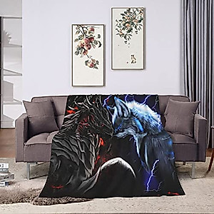 Cool Dragon and Wolf Flannel Fleece Blanket Printed Ultra-Soft Warm Throw Blankets Anti-Pilling for Bed Couch Sofa Travel Camping 50"X40"