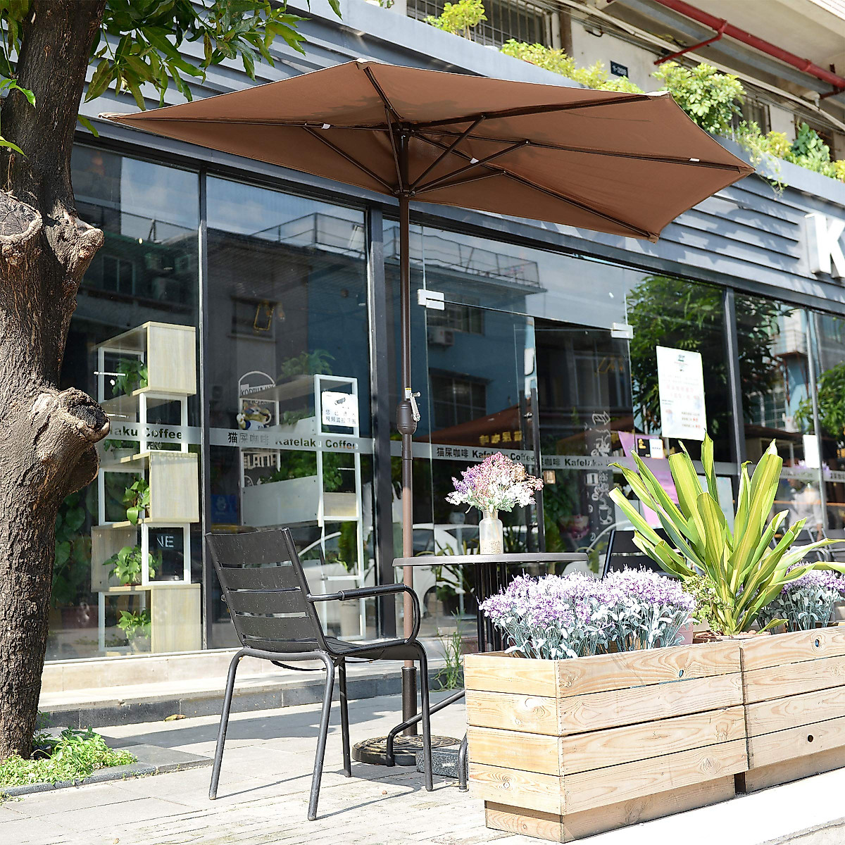 Villacera 83-OUT5464 9' Outdoor Patio Half 5 Ribs Fade Resistant Condo or Townhouse Umbrella in Brown, Height: 7’ 11”. Canopy Diameter (Coverage Area): 9 ft