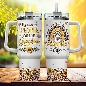 99WHALE Nana Tumblers Handle Heart Daisy Cup Cups Coffee Print Black For Granny, Grandma Gifts, Tumbler 40 Oz With Handle Lid And Straw, Grandma Carving Rainbow Leopard Sunflower