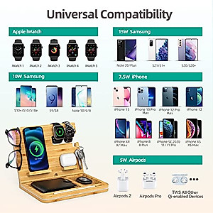 Bamboo Phone Docking Station, OTESS 6 in 1 Wireless Charging Station Compatible with iPhone/AirPods, Nightstand Organizer With Key Holder, Wallet Stand & Watch Organizer, Best Gift For Men/Dad/Husband