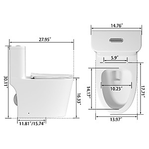 Dual Flush Elongated Standard One Piece Toilet with Comfortable Seat Height, Powerful & Quiet Dual Flush Modern Toilet, 12'' Rough-In, Glossy White，6636