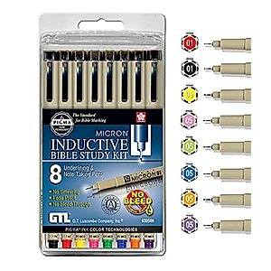 G.T. Luscombe Company, Inc. Pigma Micron 01 Fine & 05 Medium Point Inductive Bible Study Pen Kit | No Bleed Pigmented Ink | Black, Red, Orange, Blue, Green, Pink, Violet, Yellow (Set of 8) | New Packaging |