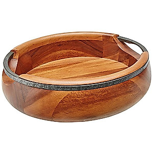 nambe Anvil Salad Bowl with Servers | Large Wooden Serving Bowl for Fruit, Salads | Made of Acacia wood and Iron Finished Nambe Alloy | Designed by Neil Cohen