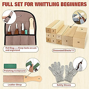 Wood Carving Kit, 19PCS Wood Carving Tools for Beginners Whittling Kit with 3PCS Whittling Knife 11PCS Basswood Blocks & Strop Block & Gloves & & Polishing Compound Wood Carving Set Hobbies for Adults
