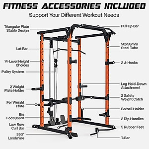 Mappding Power Cage, Power Rack with LAT Pulldown, Multi-Functional Squat Rack, 1500 Lbs Capacity Squat Cage with More Training Attachments for Home Gym, Black&Orange