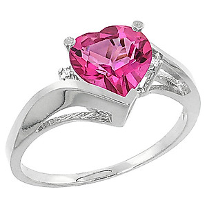 10K White Gold Natural Pink Topaz Heart Ring 7mm Diamond Accent, size 10