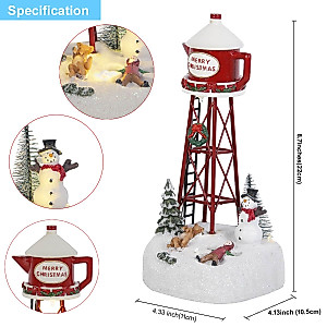 innodept12 New Christmas Village Watertower Lighted Accessories Decorations with Snowman, Dog and Boy Playing on The Ground