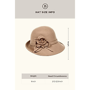 BABEYOND Womens 1920s Bucket Hat Winter Wool Crushable Bowler Hat Vintage Cloche Round Hat with Floral Accent (Camel)