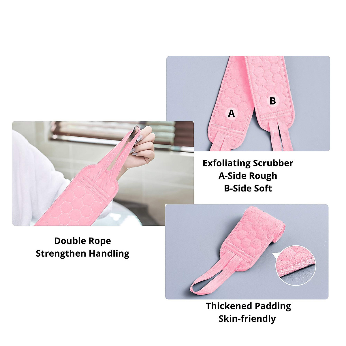 Exfoliating Body Scrubber Shower Set - 3PCs, Back Scrubber, Sponge Pad & Loofah Mesh Bath Pouf, for Men Women Shower Bath, Sensitive, Delicate, Dry Skin. Reusable. (Pink)