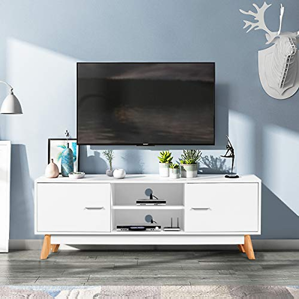 Tangkula TV Stand, Modern White TV stand for 60 Inch TV, with 2 Storage Cabinets & 2 Open Shelves, for Home Living Room Furniture, Wood TV Stand