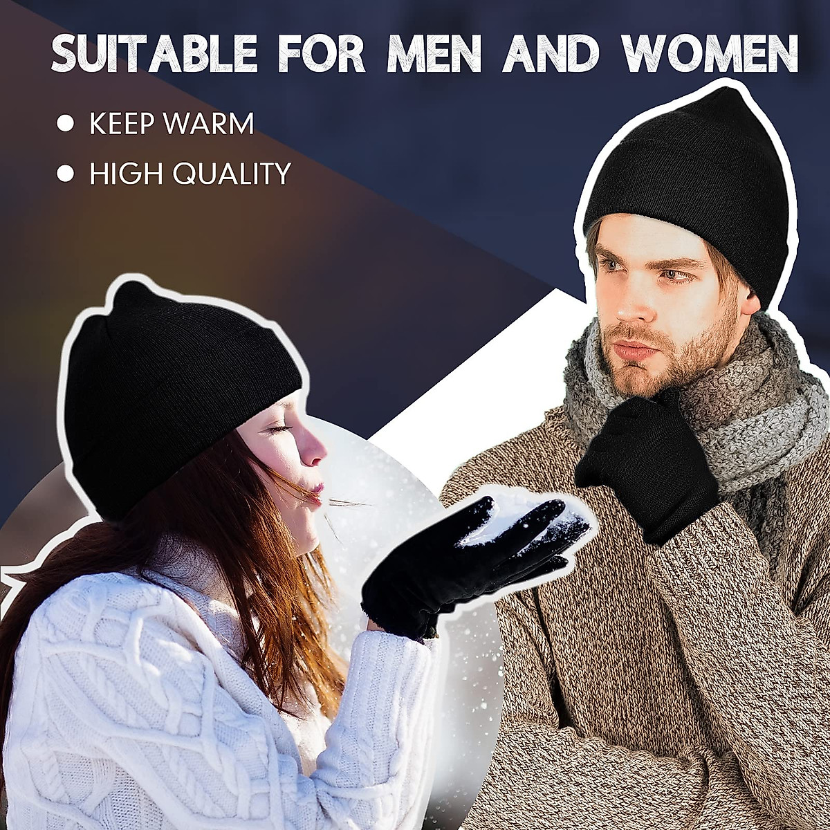 12 Pieces Winter Beanies Hat and Gloves for Men Women Warm Knitted Caps Gloves Set 6 Pairs Unisex Winter Mittens 6 Warm Hats(Black)