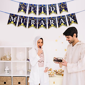 Eid Mubarak Paper Banner Decorations - Happy Eid Party Decorations Hanging Bunting Banner Garland Party Decorations, Ramadan Sign Backdrop for Home Wall Indoor Outdoor