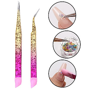 2pcs Double Ended Nail Art Tweezers for Women,Stainless Steel Tweezer Set Straight Tip Curved Tweezers Precision Lash Tweezers for Eyelash Extensions Pointed Tweezers for Crafts Rhinestone Picker Tool
