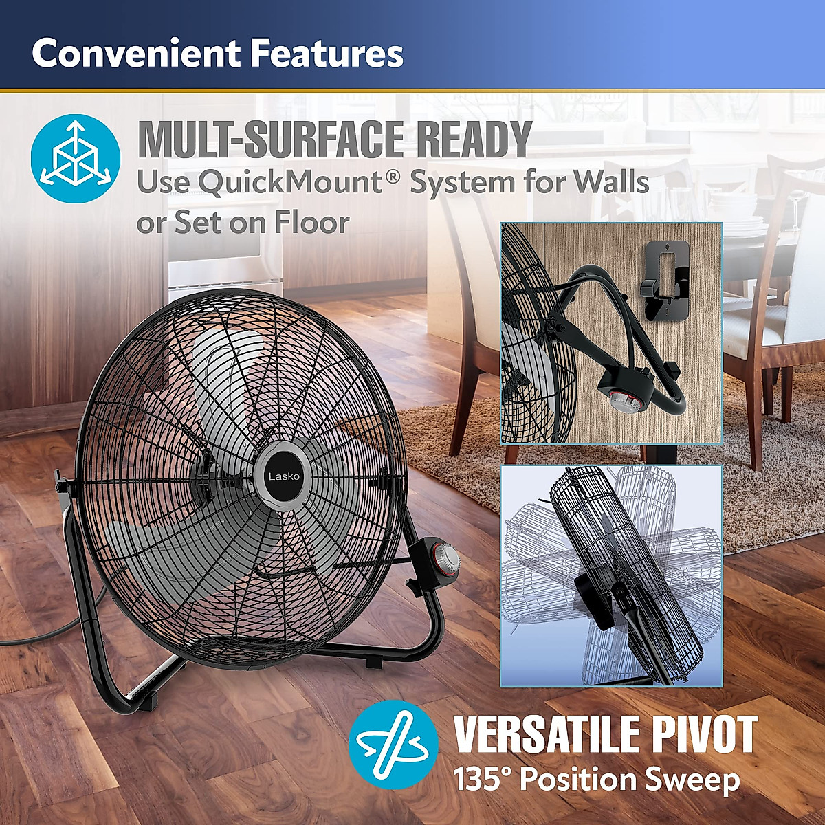 Lasko High Velocity Floor Fan with Wall mount Option, 3 Powerful Speeds, Pivoting Fan Head for Home, Garage, Attic, 20", Black, 2264QM