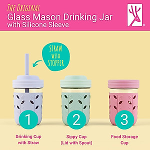Elk and Friends Kids & Toddler Cups | The Original Glass Mason jars 8 oz with Silicone Sleeves & Silicone Straws with Stoppers | Smoothie Cups | Spill Proof Sippy Cups for Toddlers