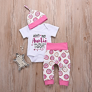3Pcs/Set Newborn Baby Girls Outfit Auntie Bodysuit Romper with Headband+Donuts Long Pants Clothes Set (Pink, 0-6M)