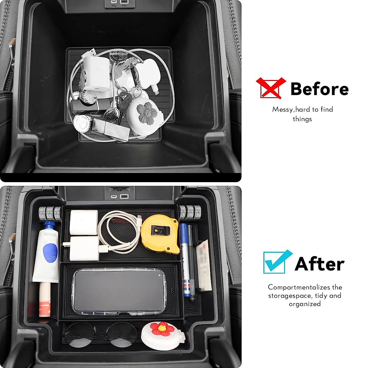 MARCHFA Center Console Organizer Tray Compatible for 2021 2022 2023 Chevy Suburban Tahoe Accessories Armrest Tray Organizer for 2021 2022 2023 GMC Yukon Insert Secondary Storage Box