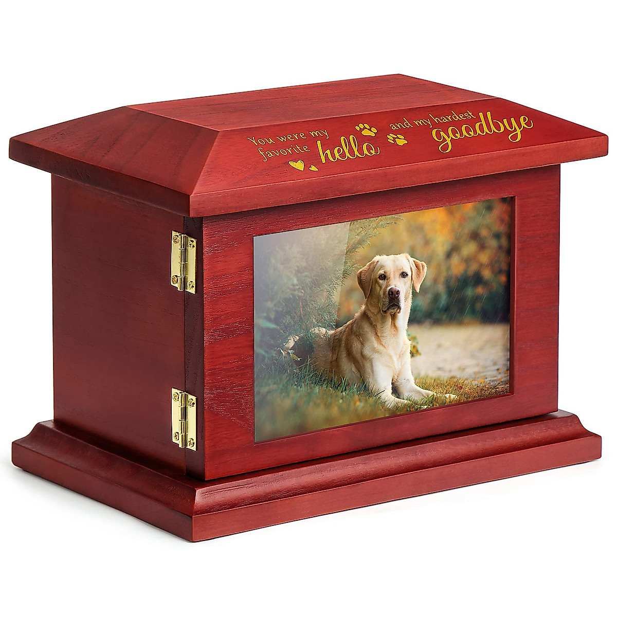 TJ. MOREE Pet Urns for Dog Ashes, Memorial Gifts for Loss of Cat, Personalized Wooden Cremation Urn with Photo Frame, Keepsake Memory Box with Black Flannel Bag for Pet up to 100 Pounds