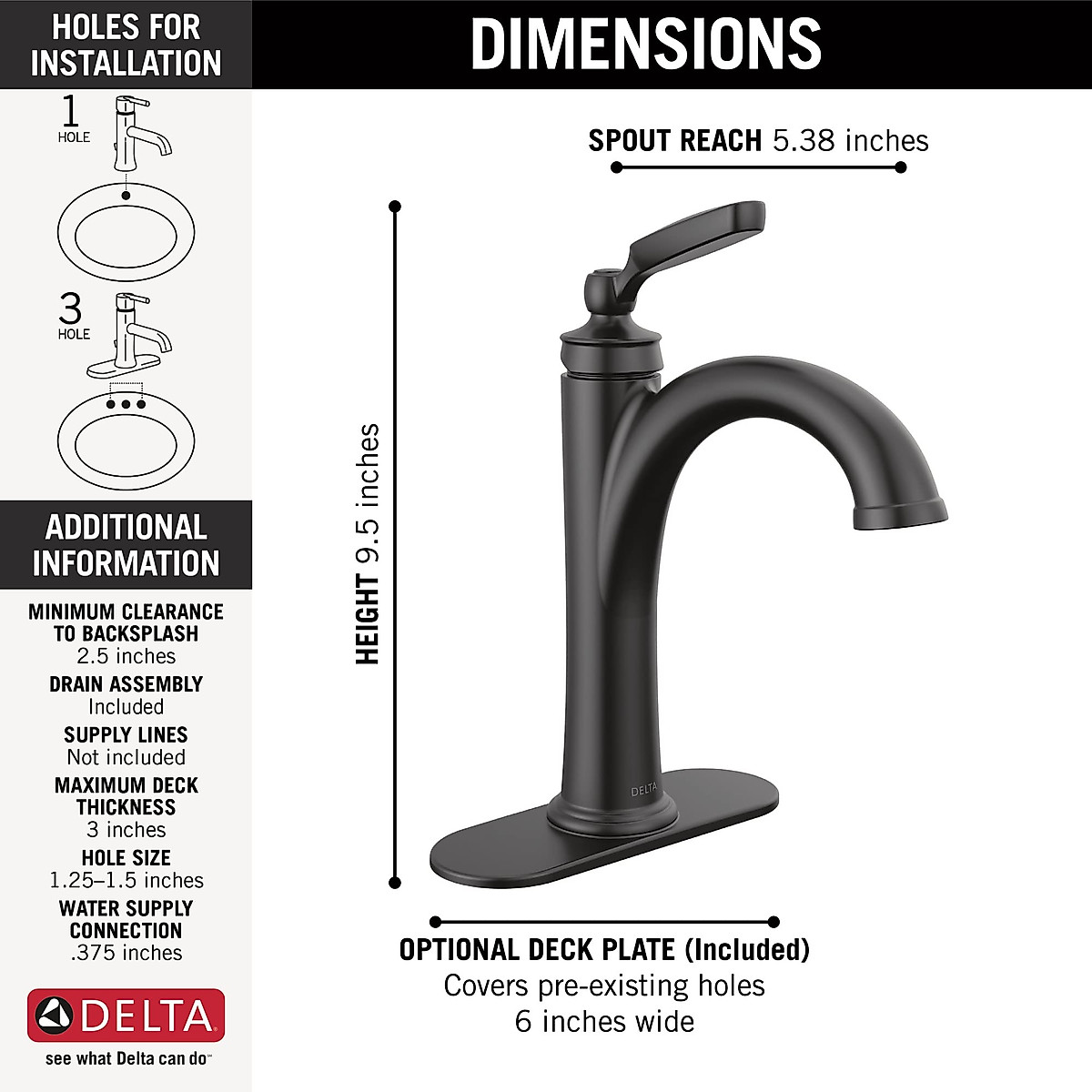 Delta Faucet Woodhurst Single Hole Bathroom Faucet, Single Handle Bathroom Sink Faucet Black, Diamond Seal Technology, Drain Assembly, Matte Black 532-BLMPU-DST