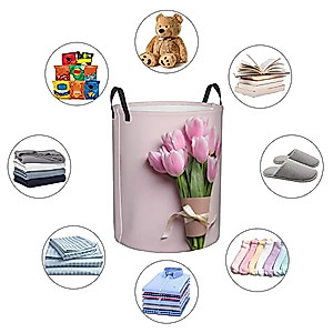 Pretty Pink Tulip Flower Laundry Basket for Women Teens Girls Room, Large Collapsible Floral Print Laundry Hamper Dirty Clothes Bag with Handles Washing Storage Bin for Clothes Toys Bedroom Bathroom