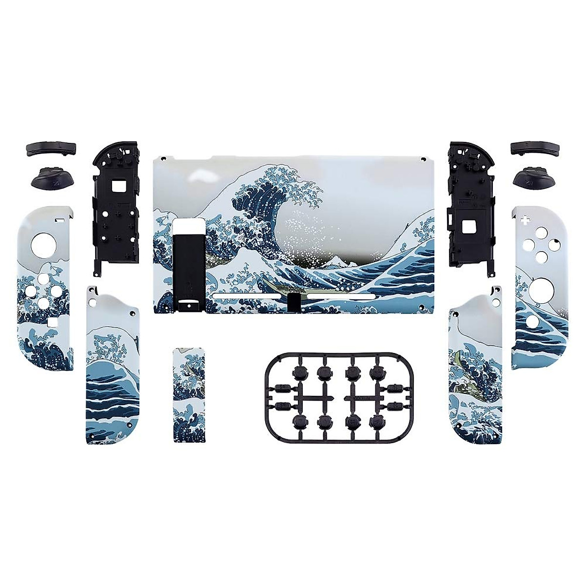 eXtremeRate DIY Replacement Shell Buttons for Nintendo Switch, Soft Touch Back Plate for Switch Console, Custom Housing Case with Full Set Buttons for Joycon Handheld Controller - The Great Wave