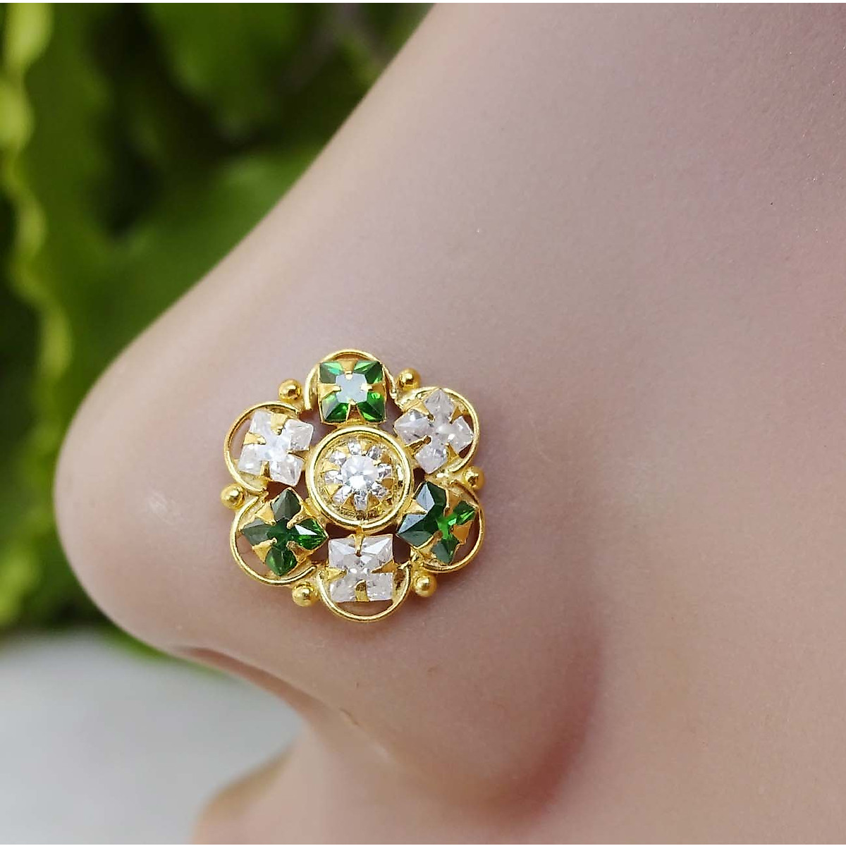 Gold Nose Piercing Indian Nose Stud Big Nose stud Gold Nose Stud Crock Screw Nose Stud Medusa Piercing Gift for her 16g Nose Stud Indian Nose Ring, Green,White