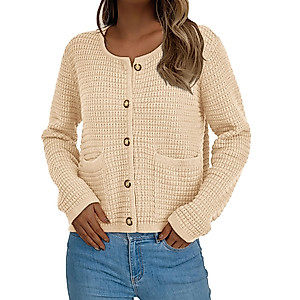 PRETTYGARDEN Women's Knit Cardigan Sweaters Fall Fashion Long Sleeve Open Front Button Down Trendy Casual Sweater Jacket (Beige, Large)
