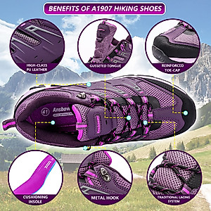 Ansbowey Womens Hiking Shoes Waterproof Lightweight Trekking Camping Boots Outdoor Non-Slip Walking Sport Shoes Purple US 7.5 Men/ 9.5 Women